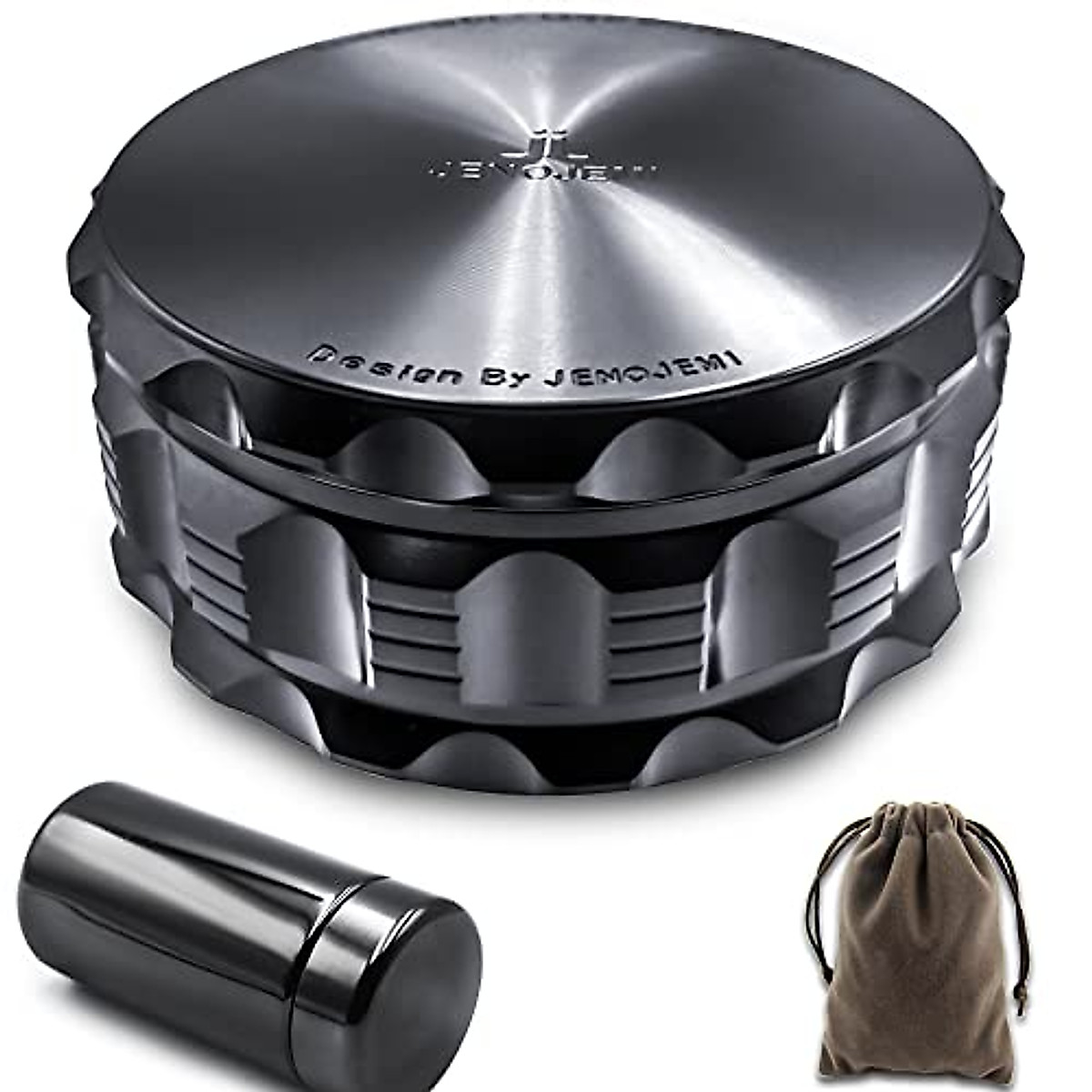 JENOJEMI Grinder Set: 4-Inch Grinder with Magnetic Aluminum Lid and UV-Sealed Glass Jar for Spices