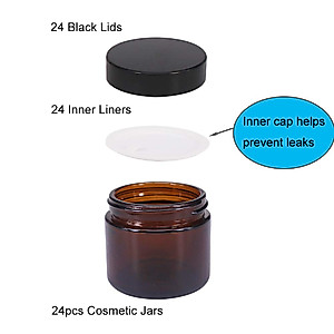 BPFY 24 Pack 2 oz Round Amber Glass Cosmetic Jars with Inner Liners and Black Lids, Travel Jars, Refillable Containers for Makeup, Cream, Lotion, Sugar Scrubs, Eye Shadow, Slime, Paint, Jewelry