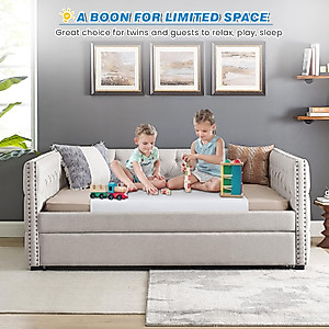 Antetek Daybed with Trundle, Modern Upholstered Full Size Button-Tufted Sofa Bed Frame with A Roll-Out Trundle, No Box Spring Needed, Furniture for Bedroom Living Room Guest Room (Beige, Full)