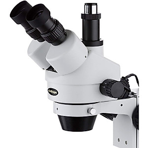AmScope SM-2TZZ Professional Trinocular Stereo Zoom Microscope, WH10x and WH20x Eyepieces, 3.5X-180X Magnification, 0.7X-4.5X Zoom Objective, Upper and Lower Halogen Lighting, Pillar Stand, 110V-120V, Includes 0.5X and 2.0X Barlow Lenses