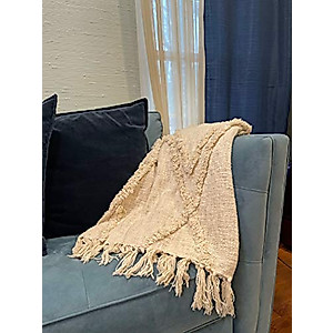 LR Home Soft Luxury Handmade Boho Farmhouse Diamond Throw Blanket with Fringe, 50" x 60", Natural