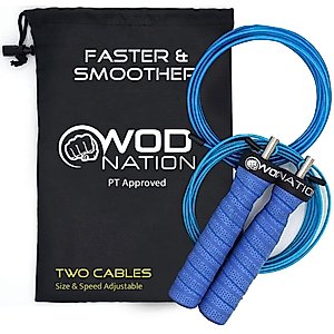 WOD Nation Attack Speed Jump Rope : Adjustable Jumping Ropes : Unique Two Cable Skipping Workout System : One Thick and One Light 11 Foot Cable : Perfect for Double Unders forHiit : Fits Men and Women