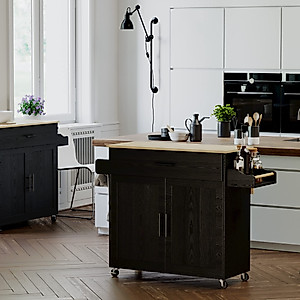 IRONCK Rolling Kitchen Island Table on Wheels with Drop Leaf, Storage Cabinet, Drawer, Spice/Towel Rack, Kitchen Cart, Black