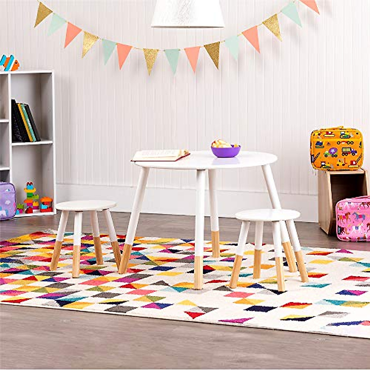 Wildkin Kids Scandi Table and Chairs for Toddlers Boys and Girls, Table Set for Kids Includes Two Matching Stools, Features Solid Wood Legs, Ideal for Homes, Daycares, and Classrooms (White/Natural)