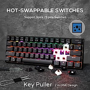 RK ROYAL KLUDGE RK61 60% Mechanical Keyboard with Coiled Cable, 2.4Ghz/Bluetooth/Wired, Wireless Bluetooth Mini Keyboard 61 Keys, RGB Hot Swappable Red Switch Gaming Keyboard with Software - Black
