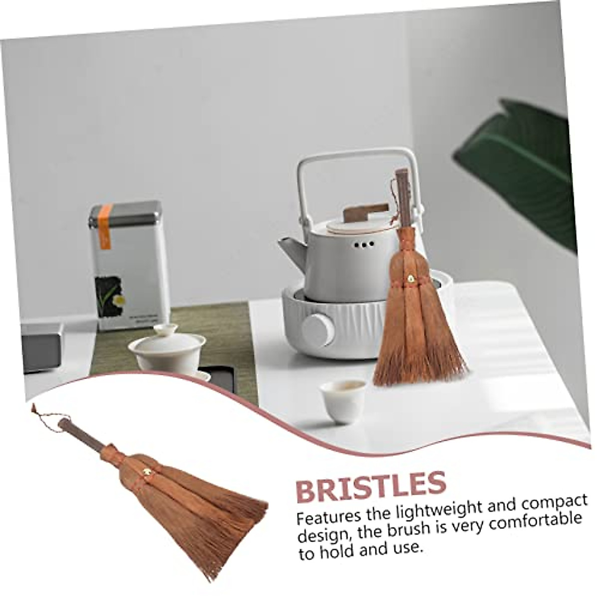 UTHCLO Brown Silk Broom Palm Whisk Broom with Handle Mini Witch for Desk Mini Brush Heavy Duty Desk Short Handle Broom Desk Cleaning Brush Straw Broom Small Natural Handle