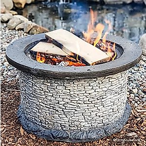 Sunjoy 32 in. Fire Pits for Outside, Patio Round Stone Wood-Burning Large Fire Pits with Mesh Spark Screen and Fire Poker for Outside, Brown and Gray