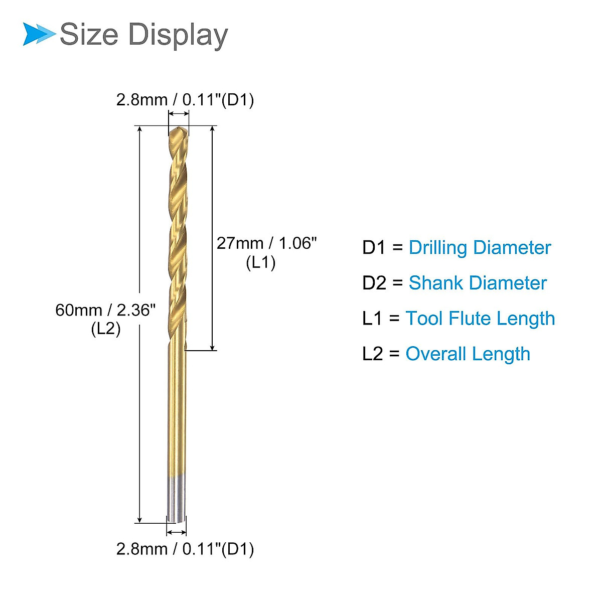 CoCud Twist Drill Bits, 2.8mm Drilling Diameter, Titanium Coated High Speed Steel 6542 Straight Round Shank - (Applications: for Stainless Steel Alloy Metal), 12-Pieces