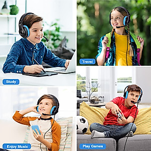 BlueFire Kids Headphones for Online School, Children, Teens, Boys, Girls, 3.5mm Stereo Over-Ear Gaming Headphone with Microphone and Volume Control for PS4, PS5, New Xbox One（Blue）