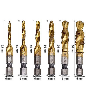 YDLQWCZ Combination Drill Tap Bit Set 6 Piece Hex Shank Quick Change HSS Titanium Coated Spiral Tap Drill Bit Include M3 M4 M5 M6 M8 M10 Spiral Screw Tap Set