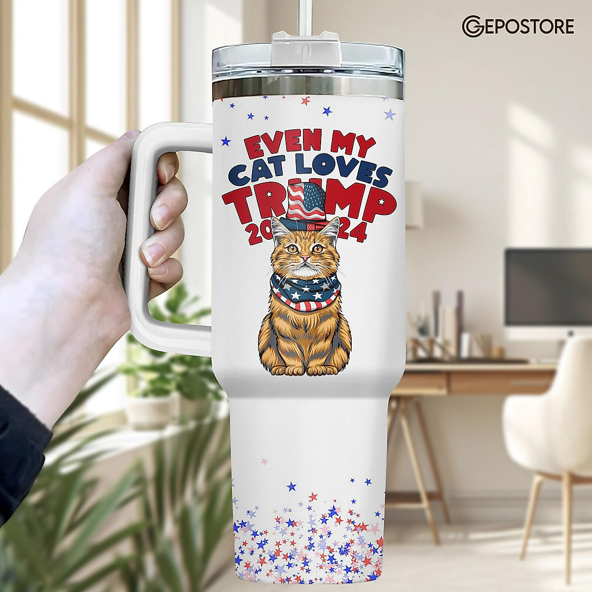 GEPOSTORE American Cat Tumbler 40oz with Handle, Meowy Cat US Flag Tumbler Cup, Patriots Gift for Cat Lovers, Birthday Gifts for Cat Mom