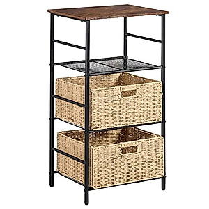 VECELO Tall End/Side Table with 2 Wicker Basket Storage Shelf Telephone Stand for Living Room, Bathroom, Bedroom, Office, Entryway, Easy Assembly, 3-Tier, Brown