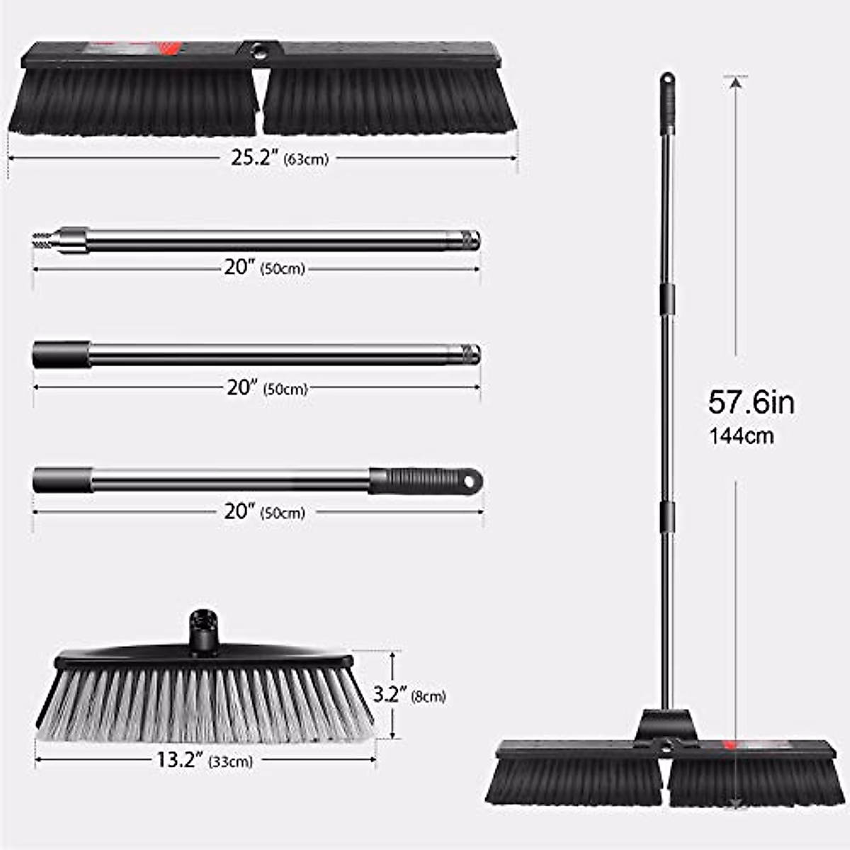 MASTERTOP Upgrade 24" Push Broom & 12" Broom Head, Floor Scrub Brush, Garage Heavy Duty Broom with Stiff Bristles, 57.6 inch Stainless Steel Long Handle, Yard Patio Decks Cleaning