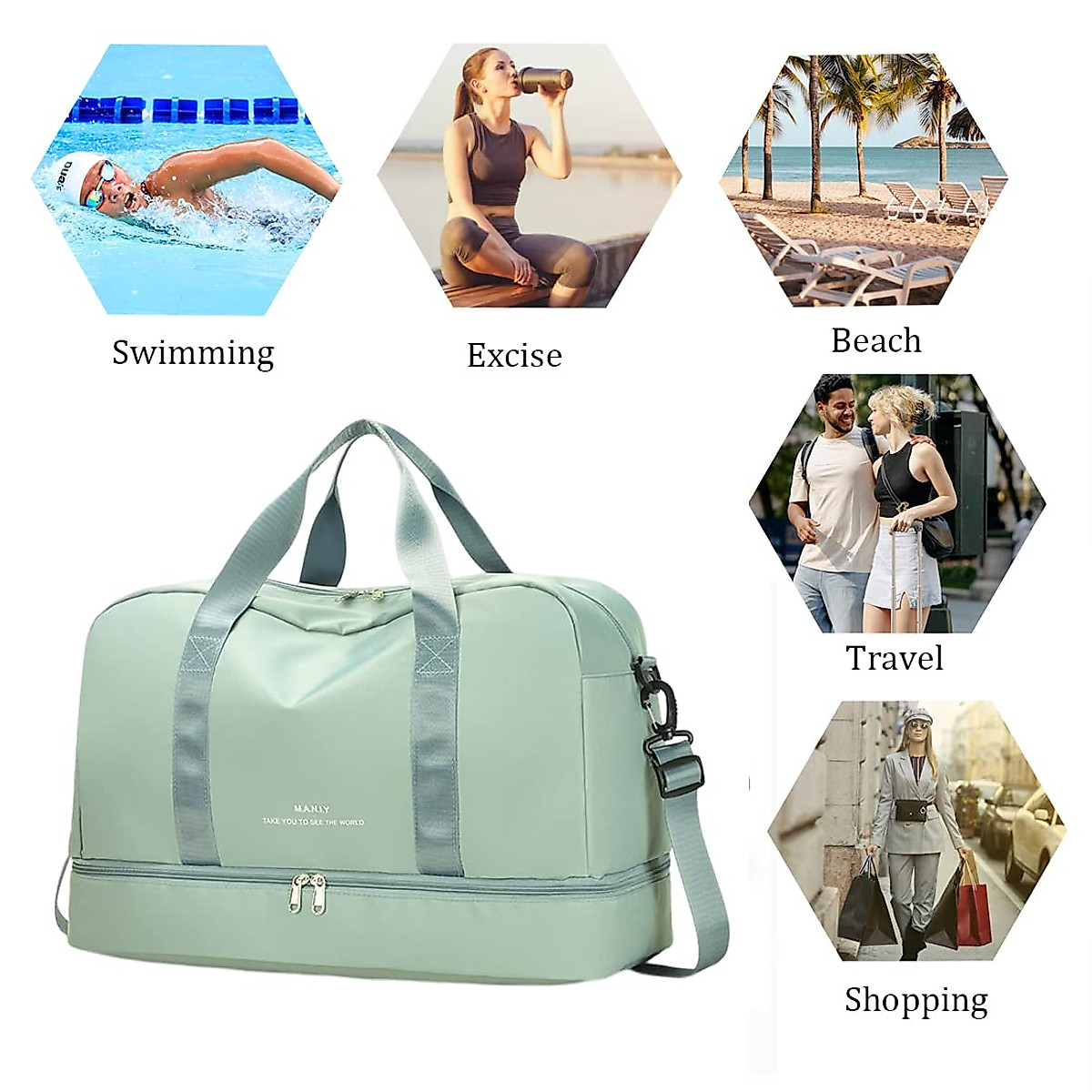 Travel Gym Tote Bag for Women,Duffle Carry On Bag,Weekender Overnight Bags for Women Large Tote Sport Bag for Women with Dry Wet Pocket,Green