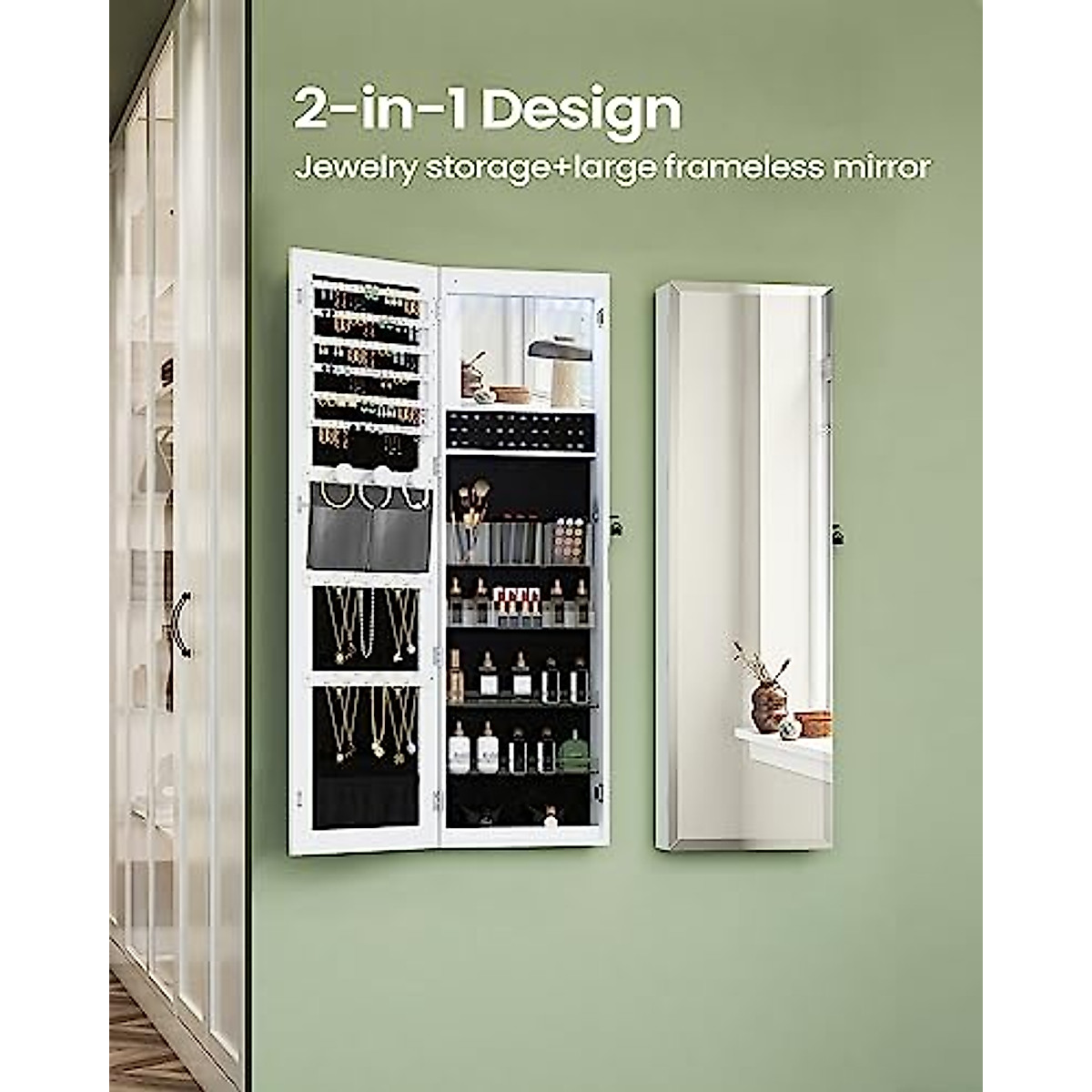 Hzuaneri 8 LEDs Jewelry Cabinet Armoire, 42.7" Tall Frameless Mirror Jewelry Organizer, lockable Wall/Door Mounted Makeup Jewelry Storage with Mirror, 4 Shelves, White and Black JC10803B