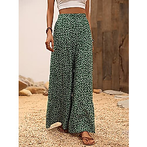 MakeMeChic Women's Floral High Waisted Ruffle Wide Leg Pants Boho Summer Beach Palazzo Pants Green L