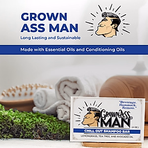 Grown Ass Man Co. - Solid Shampoo Bar Rich Lather 3 in 1: Hair, Beard & Body Wash - Plastic Free & Eco-Friendly, Natural & Organic Clean for All Hair Types, 4oz Bar (Chill Out, Single)