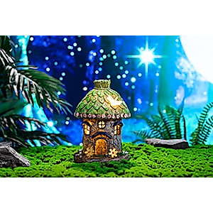 TERESA'S COLLECTIONS Dome Roof Fairy House Garden Statues with Solar Lights, Garden Ornaments Decor, Resin Outdoor Figurines for Patio Yard Porch Decorations, 7.8 Inch