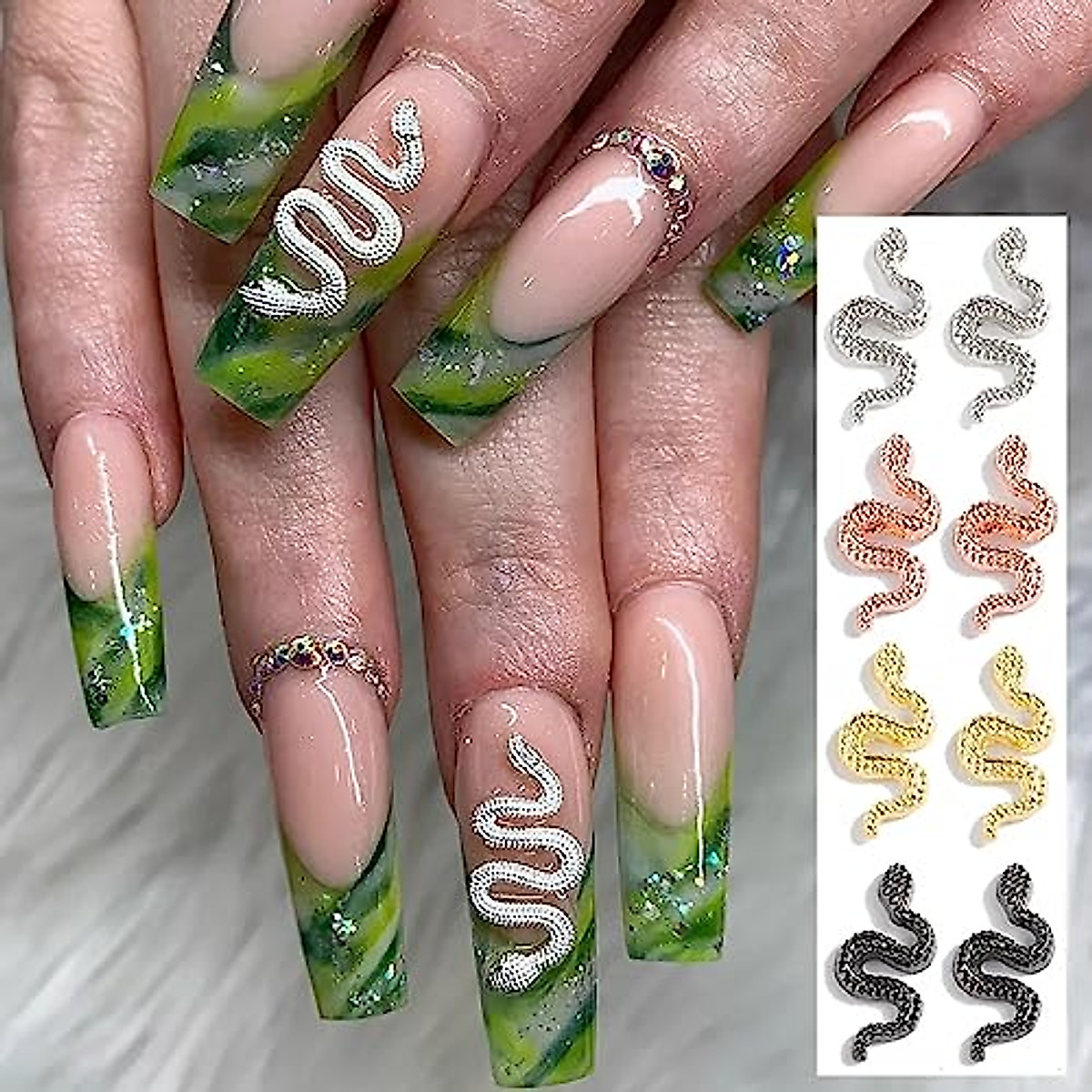 36Pcs Snake Nail Charms Metal Butterfly Nail Gems Nail Rhinestones 3D Alloy Snake Nail Charms Silver Gold Snake Nail Jewelry Snake Charm Designs for Women Girls Acrylic Nail DIY Manicure Decorations