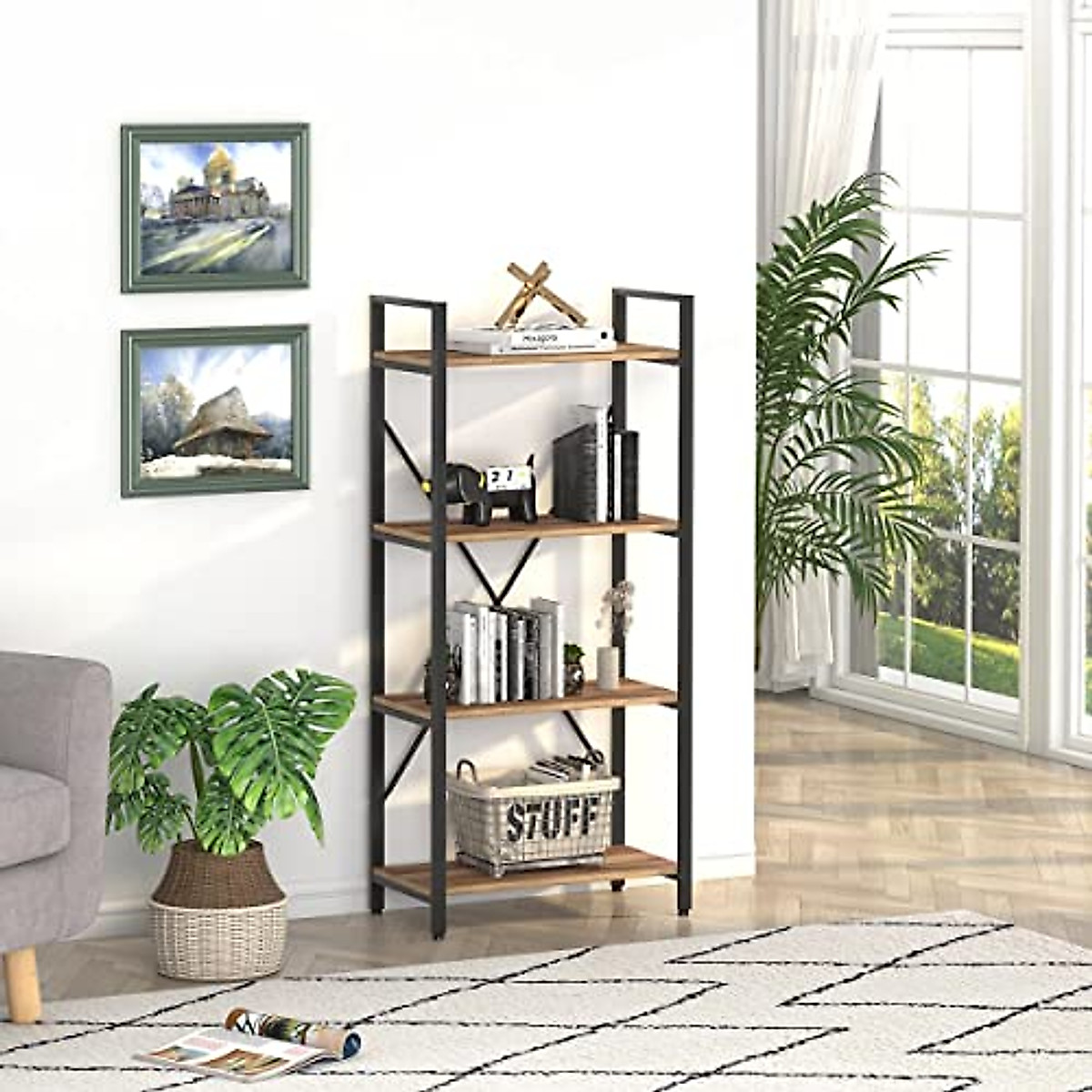 BON AUGURE Industrial 4 Tier Bookshelf, Modern Open Etagere Bookcase, Heavy Duty Book Shelves, Wood Metal Shelving Unit for Living Room, Bedroom and Office (Vintage Oak)