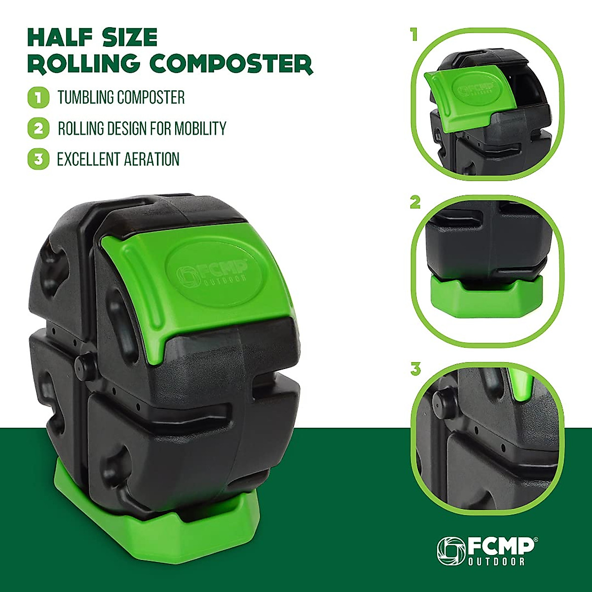 FCMP Outdoor Half Size Rolling 19-Gallon Single Chamber Batch Tumbling Composter - Outdoor Rotating Garden Compost Bin, Black & Green