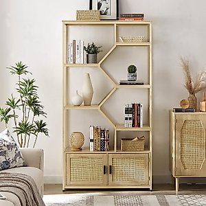 Rattan Bookshelf with 1 Natural Rattan Storage Cabinet and 7 Open Display Shelves, 7 Tier Bookshelf w/Adjustable Shleves & Foot Pad for Living Room, Bedroom, Office, Metal Shelves, Natural