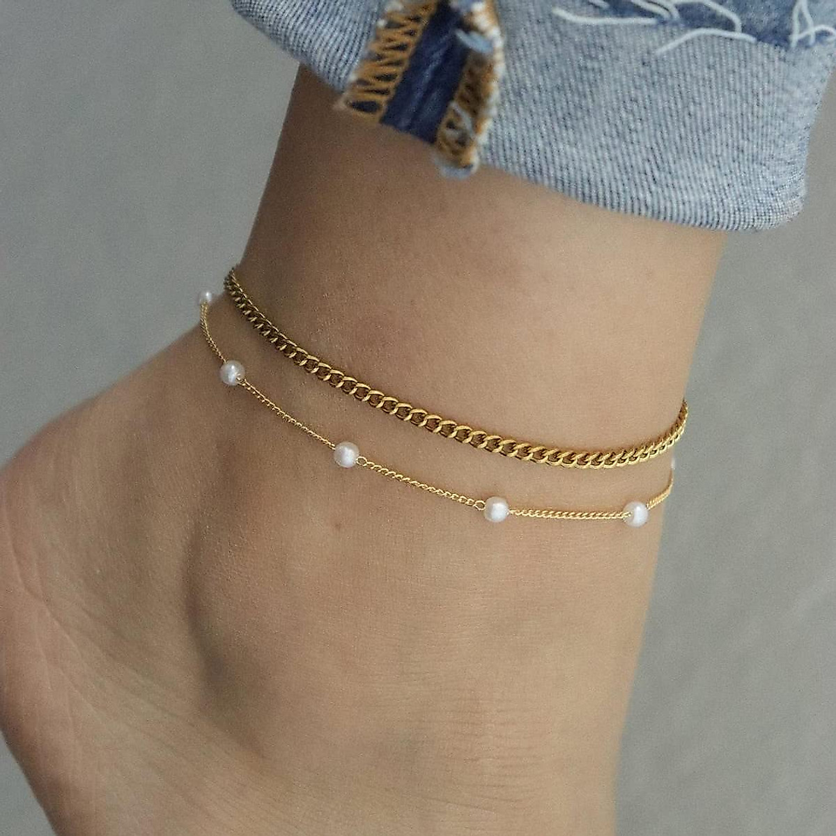 Tasiso 14K Gold Plated Handmade Pearl Anklet Dainty Minimalist Pearl Chain Ankle Bracelets Waterproof Boho Summer Jewelry 8.3"