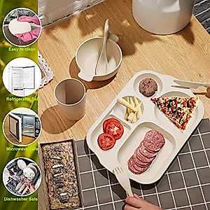 24 Pcs Wheat Straw Dinnerware Cutlery Set Including Kids Toddlers Divided Plates Microwave Dishwasher Safe Bowl Unbreakable Tableware Straw Cutlery Spoon Knife Fork Cup (Beige/Pink/Green/Blue)