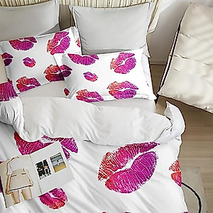 Duvet Cover Queen Size, Red Pink Sexy Makeup Bedding Set with Zipper Closure for Kids and Adults, Woman Valentine Purple Comforter Cover with 2 Pillow Shams for Bedroom Bed Decor