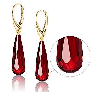 Amber by Mazukna - Red Amber Drop Earrings for Women - Statement Gemstone Jewelry, Gold Plated Sterling Silver Leverback, Dangle Semi Precious Stone Ladies Earrings, Elegant Gift for Her