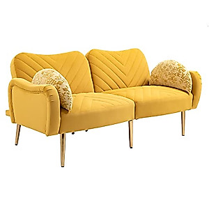 65" Velvet Futon Sofa Bed with 2 Pillows, Modern Accent Sofa Comfy Upholstered Sofa Loveseat Sleeper Bed Couch 2 Seater Folding Sofa for Small Space (Mustard)