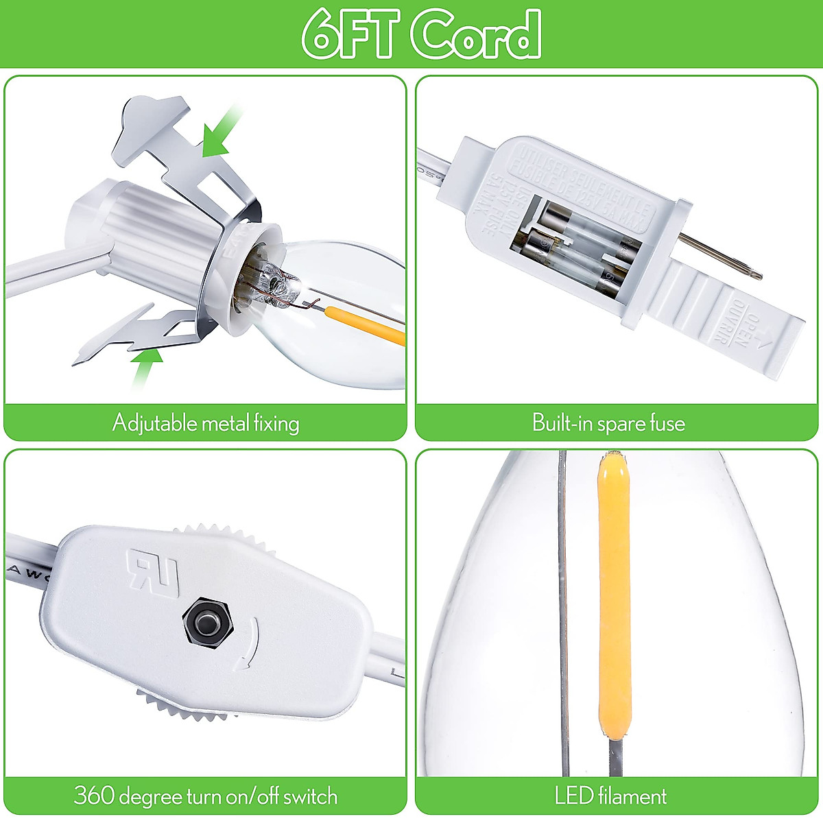 2 Pieces Accessory Cord with One LED Light Bulb Lamp Kit, 6Ft Christmas Village Lights Cord with On/Off Switch and Spare Fuse, Blow Mold Light for Christmas Houses Village, Holiday Craft Decorations