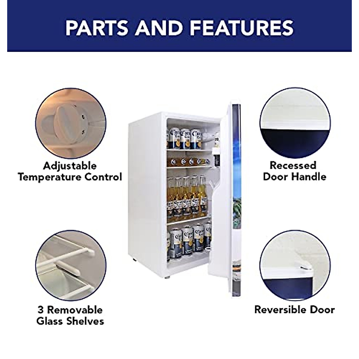 Corona Compact Fridge with Bottle Opener, 90 L/ 95 Quart 3.2 Cubic Foot for Snacks, Beverages, Juice, Beer, Den, Dorm, Office, Games Room, or RV