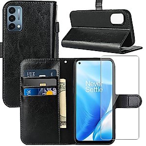 YJROP for OnePlus Nord N200 5G Case, with Screen Protector,PU Leather Wrist Strap Card Slots Shockproof Protective Flip Cover Wallet Case for 1+ Nord N200 5G,Black