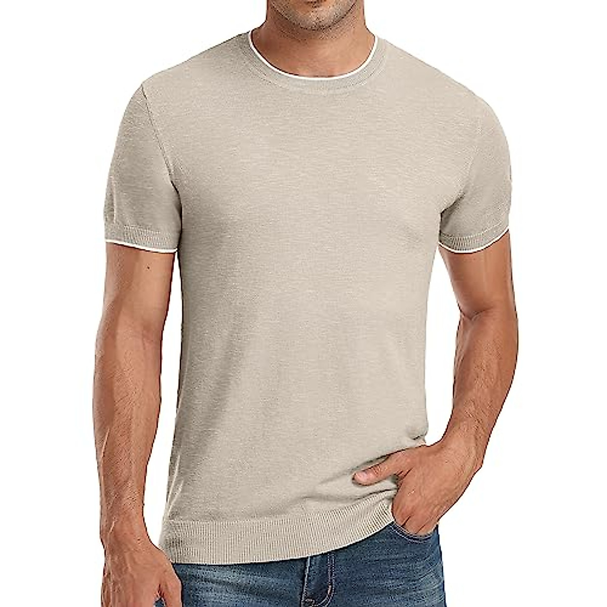 Sailwind Mens Linen Knit T-Shirt Short Sleeve Crew Neck Contrast Trim Tee Shirt