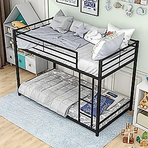 KARHIBLY Metal Bunk Bed Twin Over Twin, Low Bunk Bed with Metal Frame and Ladder, No Box Spring Needed,Twin Bed Frame for Boys and Girls, Black