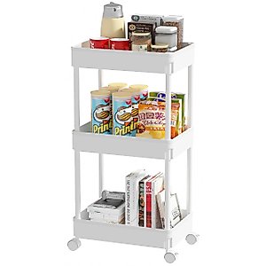 Sooyee 3-Tier Plastic Rolling Utility Cart with Wheels, Multi-Functional Storage Trolley for Office, Living Room, Kitchen, Movable Storage Organizer with Wheels, White