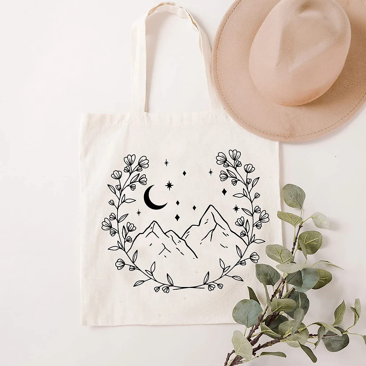 SAUIVD Mountain Moon Flowers Cotton Canvas Tote Bag Mountains Wreath Handbag for Party Grocery Shopping Market