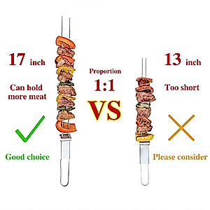 Skewers for Grilling- 17" Long Double Pronged BBQ Skewers with Push Bar- Shish Kabob Skewers - Stainless Steel Skewer Sticks for Camping or family - Reusable Skewers - 6 Pack