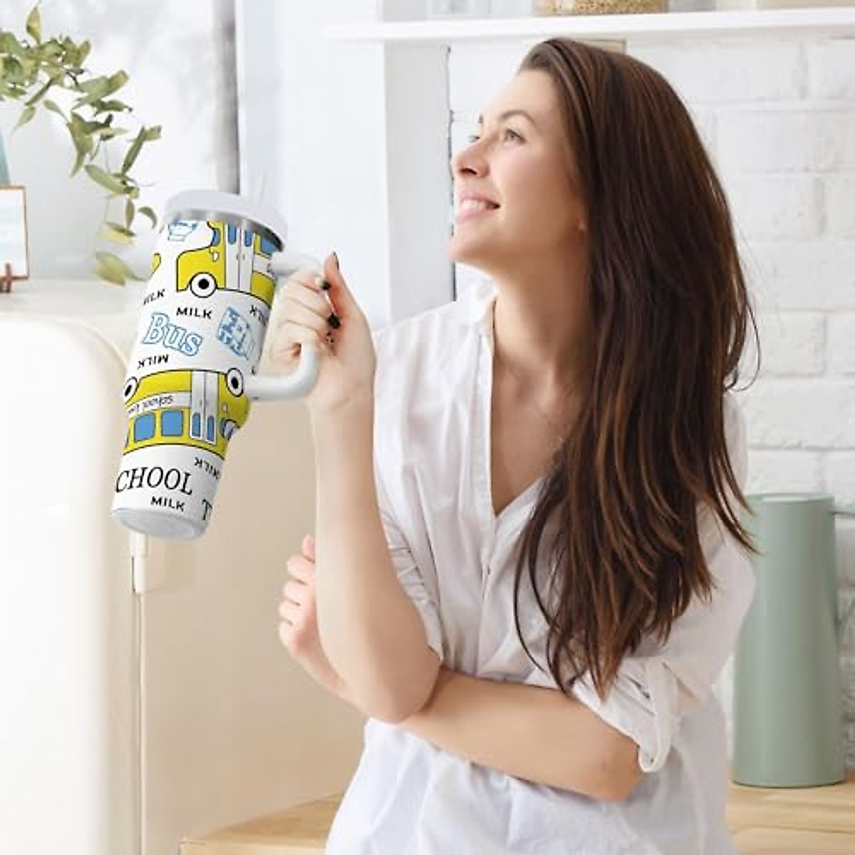 ARGTILDN 30 oz Tumbler School Bus Car Cartoon Insulated Travel Mug with Handle and Straw Lid Stainless Steel Vacuum Coffee Cup Tea Beverage Container Water Bottles for Car Sports office