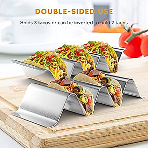 Taco Holder, Taco Stand, Taco Holders Set of 4, Stainless Steel Taco Rack with Handles, Each Metal Taco Tray Plates Holds Up to 2 or 3 Hard or Soft Taco Shells, Oven Grill and Dishwasher Safe