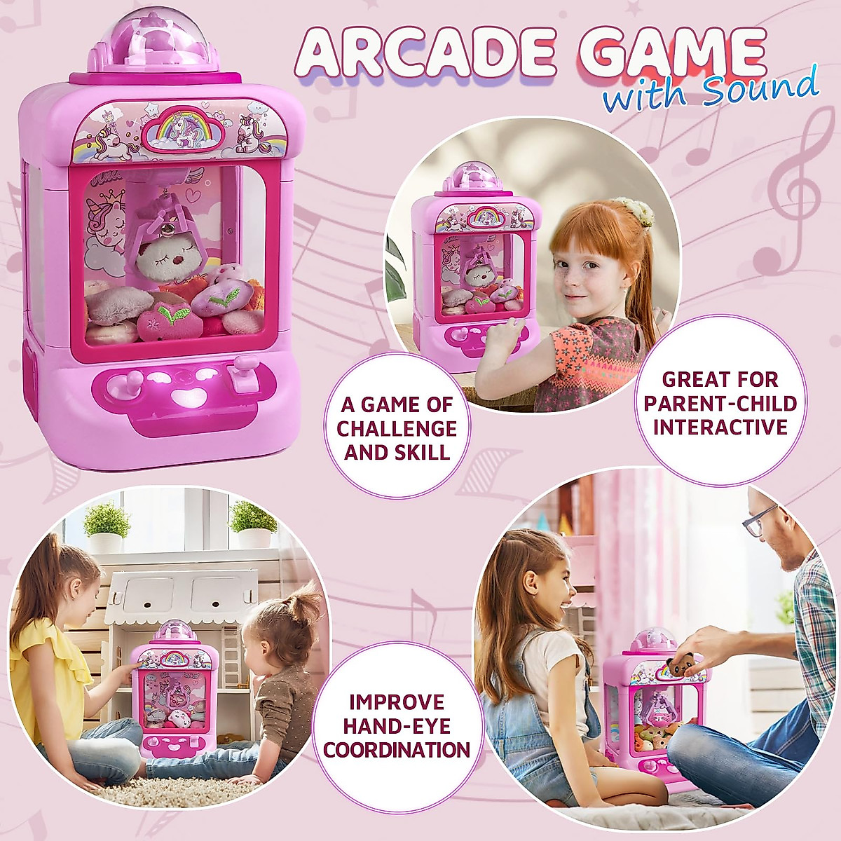 Claw Machine for Kids, Mini Vending Machine Girls Unicorn Toys, Candy Grabber Prize Dispenser with Sound & 20 Mini Plush Toys, Electronic Arcade Game Indoor Toy for Home Party Birthday Gifts