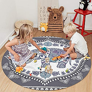 Libaoge Round Area Rugs 3 ft Diameter Elephant Indoor Aloha Mats, Arab Culture Symbol Mandala Pattern Soft Living Room Bedroom Unique Carpet Woman Yoga Mat Home Decor