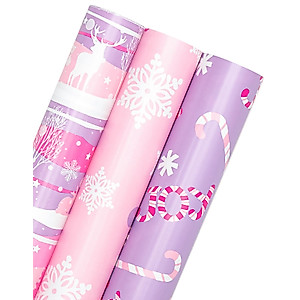 WRAPAHOLIC Christmas Wrapping Paper Roll - Mini Roll - 3 Rolls - 17 Inch X 120 Inch Per Roll - Pastel Pink and Purple Reindeer, Candy Cane with JOY, Snowflake Holiday Collection