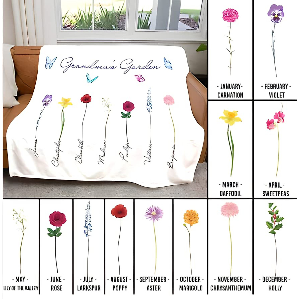 IZI POD Personalized Grandkids Names Fleece Sherpa Throw Blankets Grandma's Garden Blanket Custom Birth Month Flowers Blanket Birthday Gifts for Grandma Nana Mimi Gigi Grandmother - Gift 2