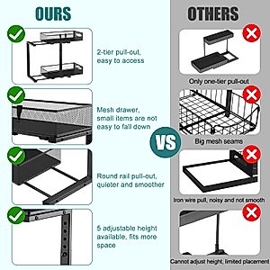 Housolution 2 Pack Under Sink Organizer, 2 Tier Metal Pull Out Under Sink Storage with Sliding Mesh Drawers, Height Adjustable Slide Out Under Sink Organizer for Kitchen Bathroom Cabinet, Black