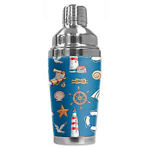 Mugzie 16 Ounce Stainless Steel Cocktail Shaker - Martini Shaker with Wetsuit Cover - Nautical Seamless