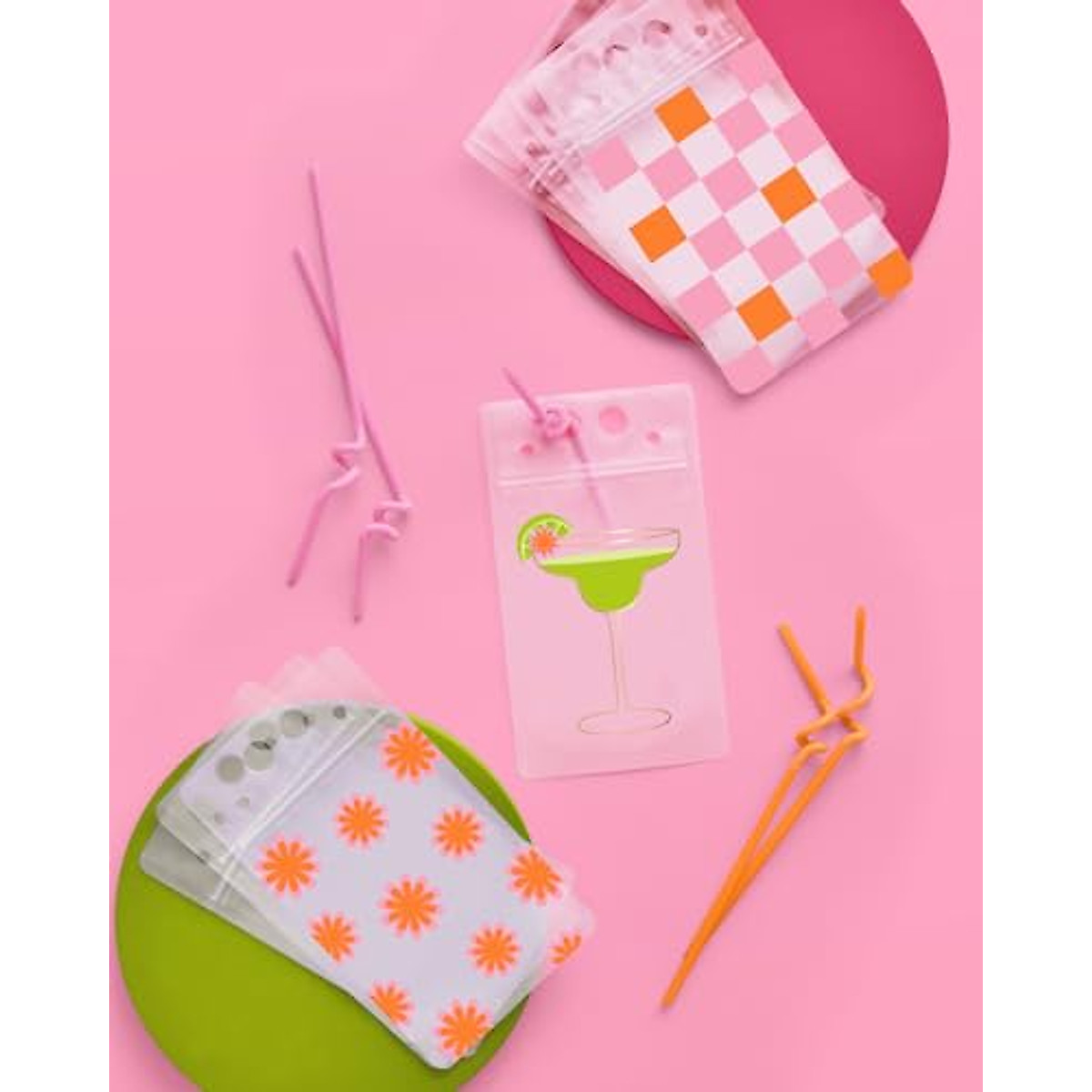 xo, Fetti Flower Margarita Pink Checker Gold Foil Drink Pouches - 15 count | Mexican Bachelorette Fiesta Drinkware, Cute Birthday Party Cups, Summer Flower Drinkware Supplies, Cinco de Mayo