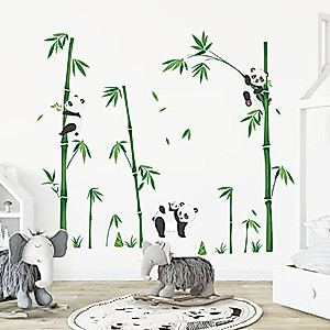 wondever Panda and Bear Wall Stickers Bamboo Green Plants Peel and Stick Wall Art Decals for Baby Nursery Kids Bedroom (H: 46 inches)