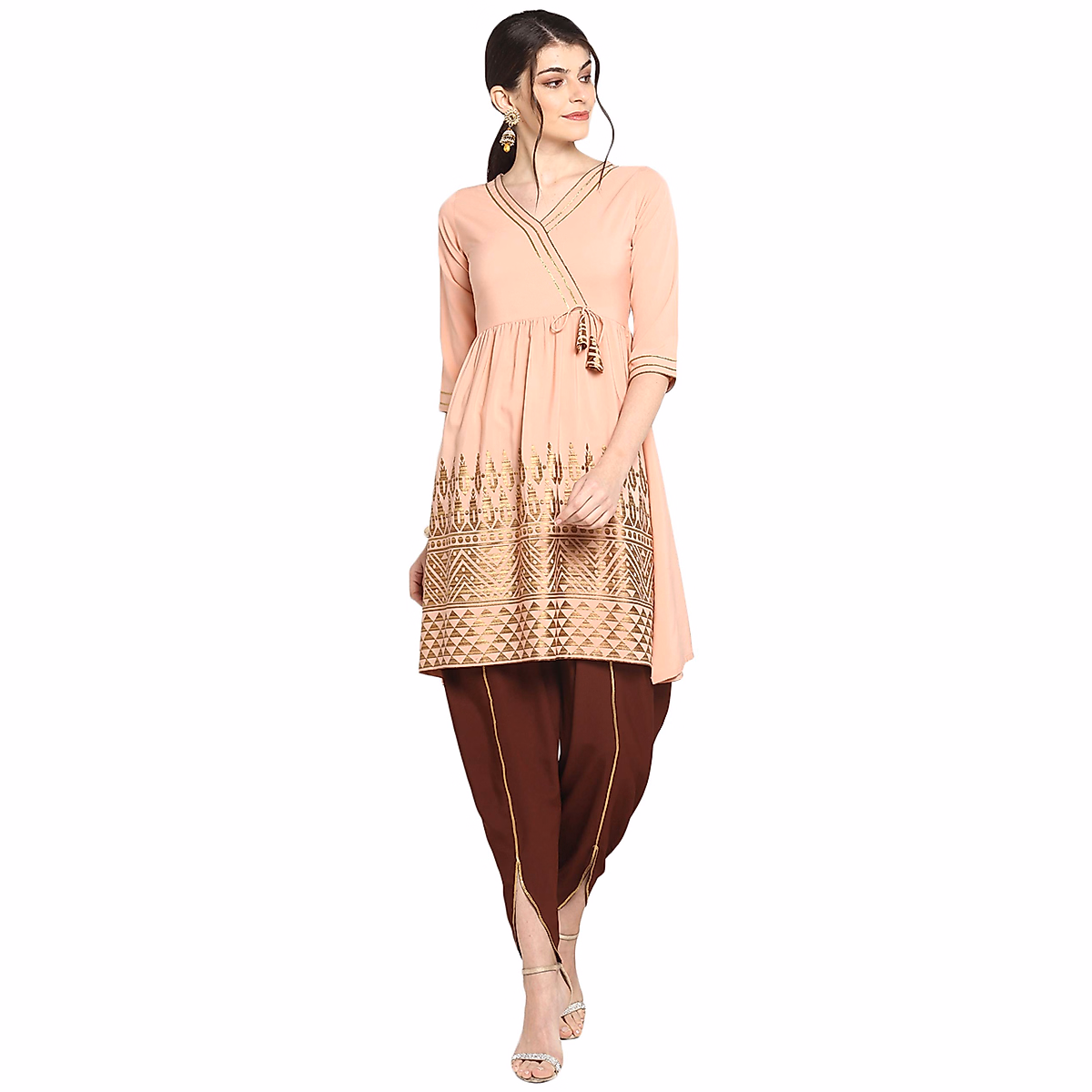 Janasya Kurta Set for Women Peach